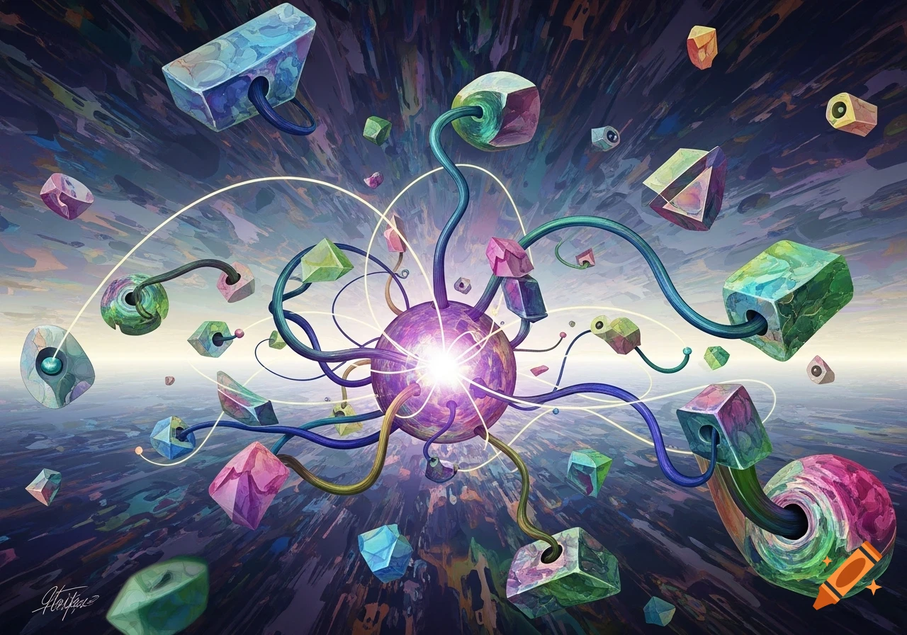 Vibrant abstract digital art with colorful geometric shapes connected ...