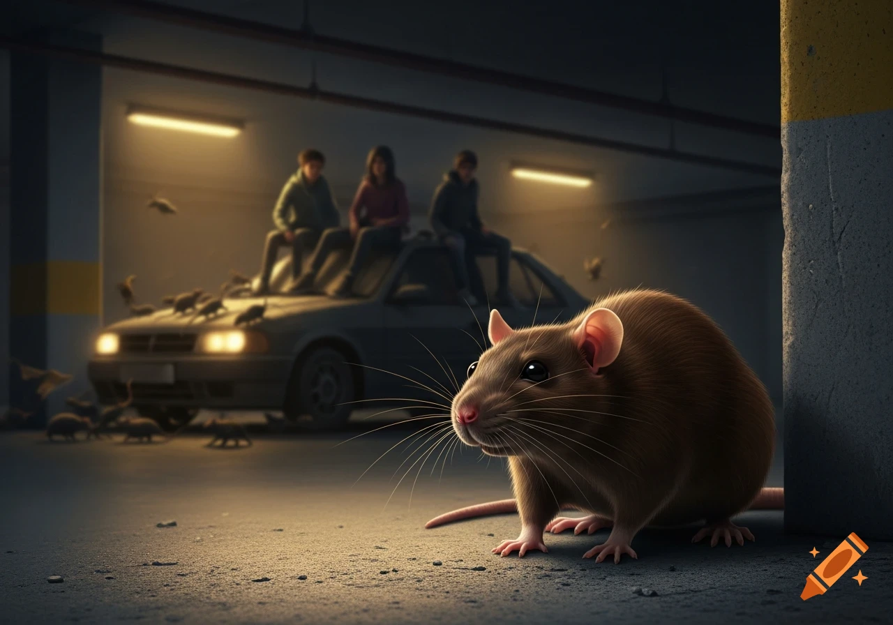 A close-up of a brown rat on a concrete floor in a dimly lit parking ...