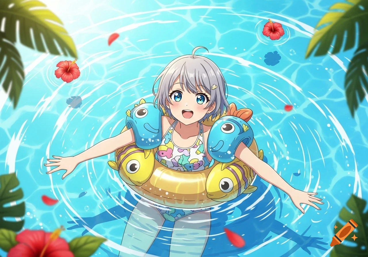 An anime girl with short grey hair smiles brightly while floating in a ...