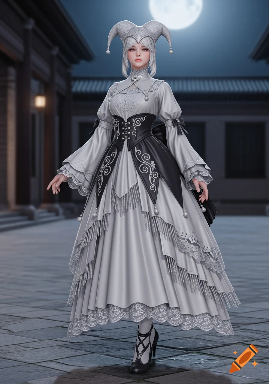A graceful female character in a detailed gray and black fantasy jester ...