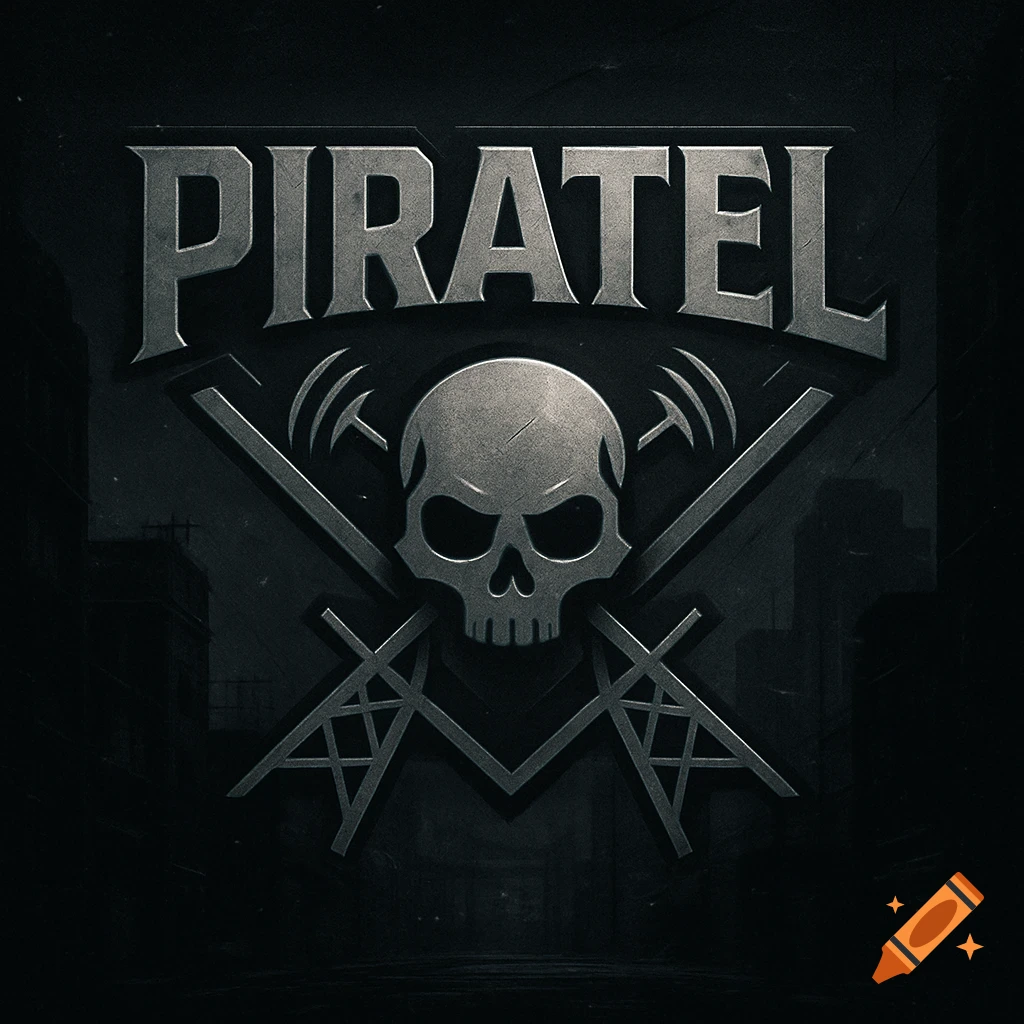 A gray metallic logo featuring the word PIRATEL above a stylized skull ...