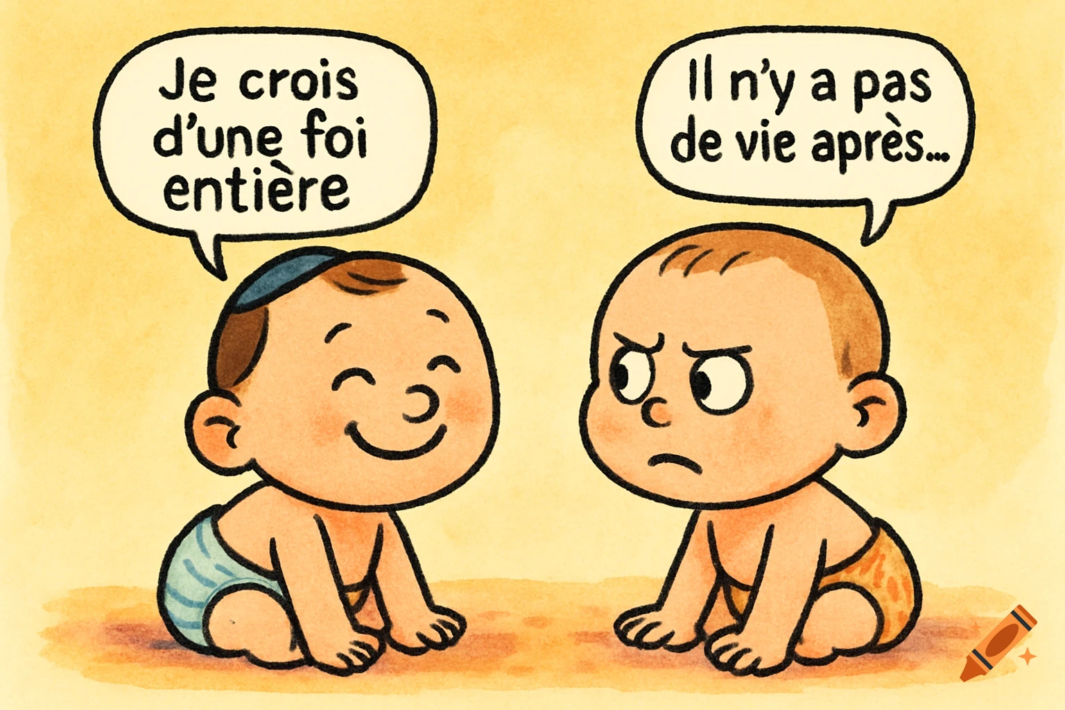 Cartoon of two babies, one happy with a kippah saying 'I believe' and ...