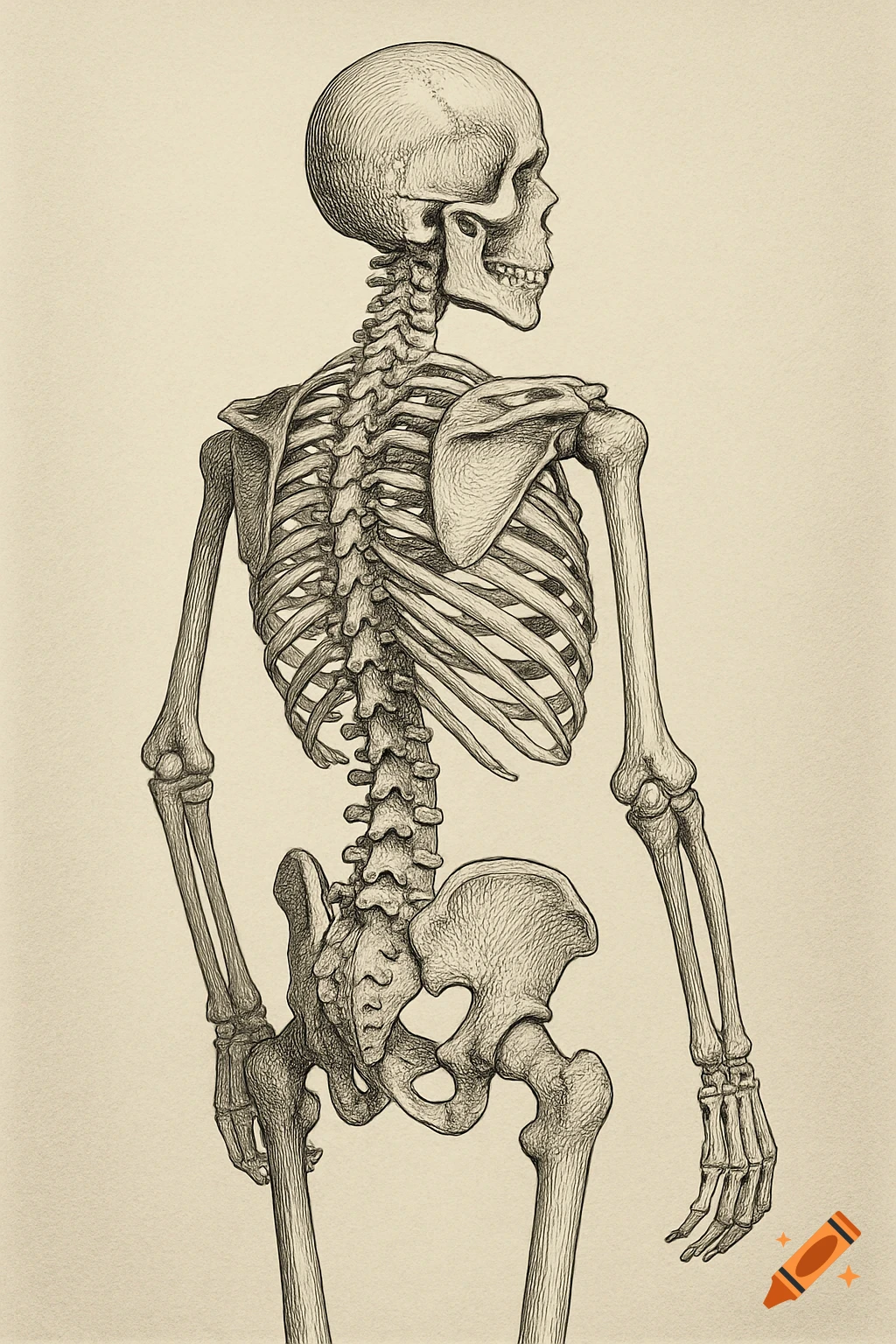 Three-quarter back view of a human skeleton rendered in a medical ...