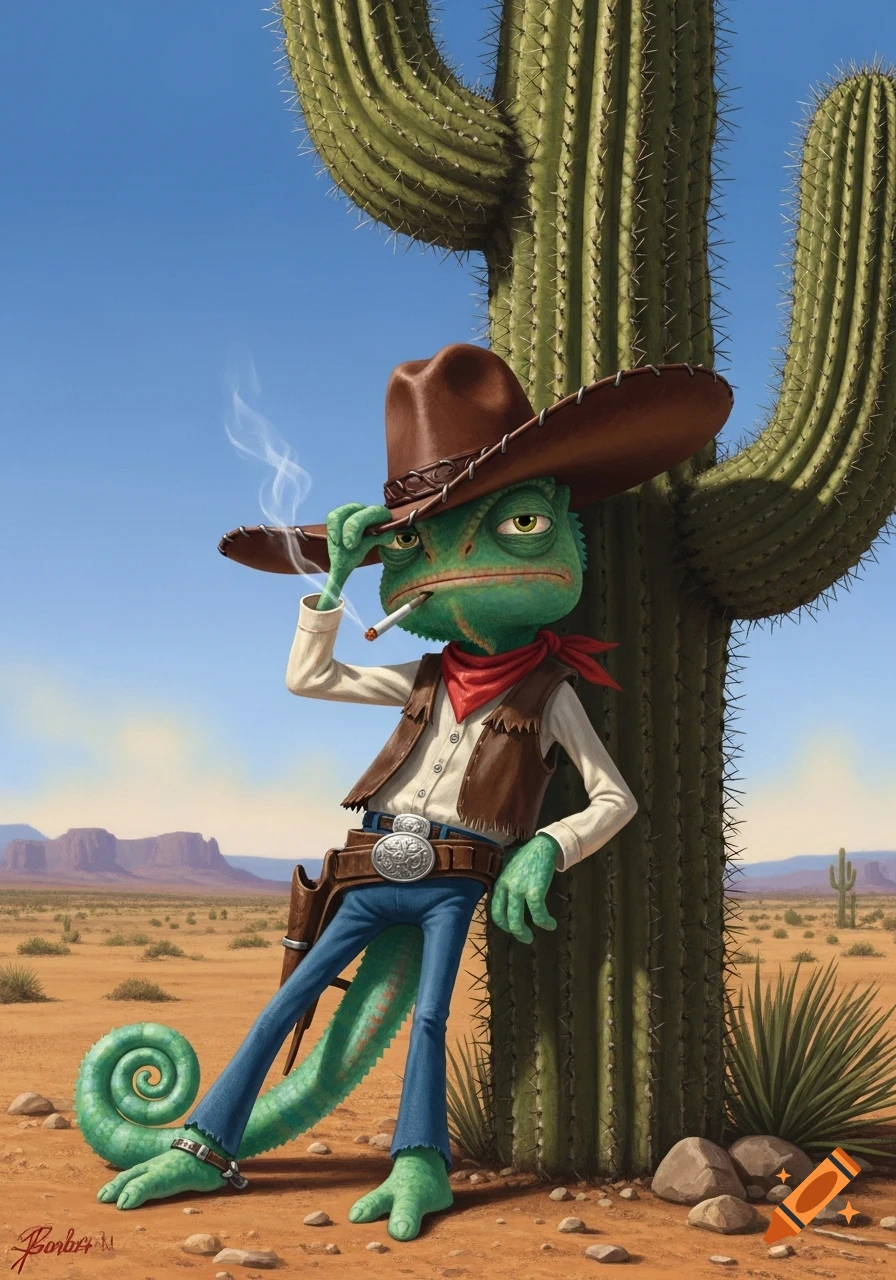A cartoon chameleon cowboy with a cigarette leans against a cactus in a ...