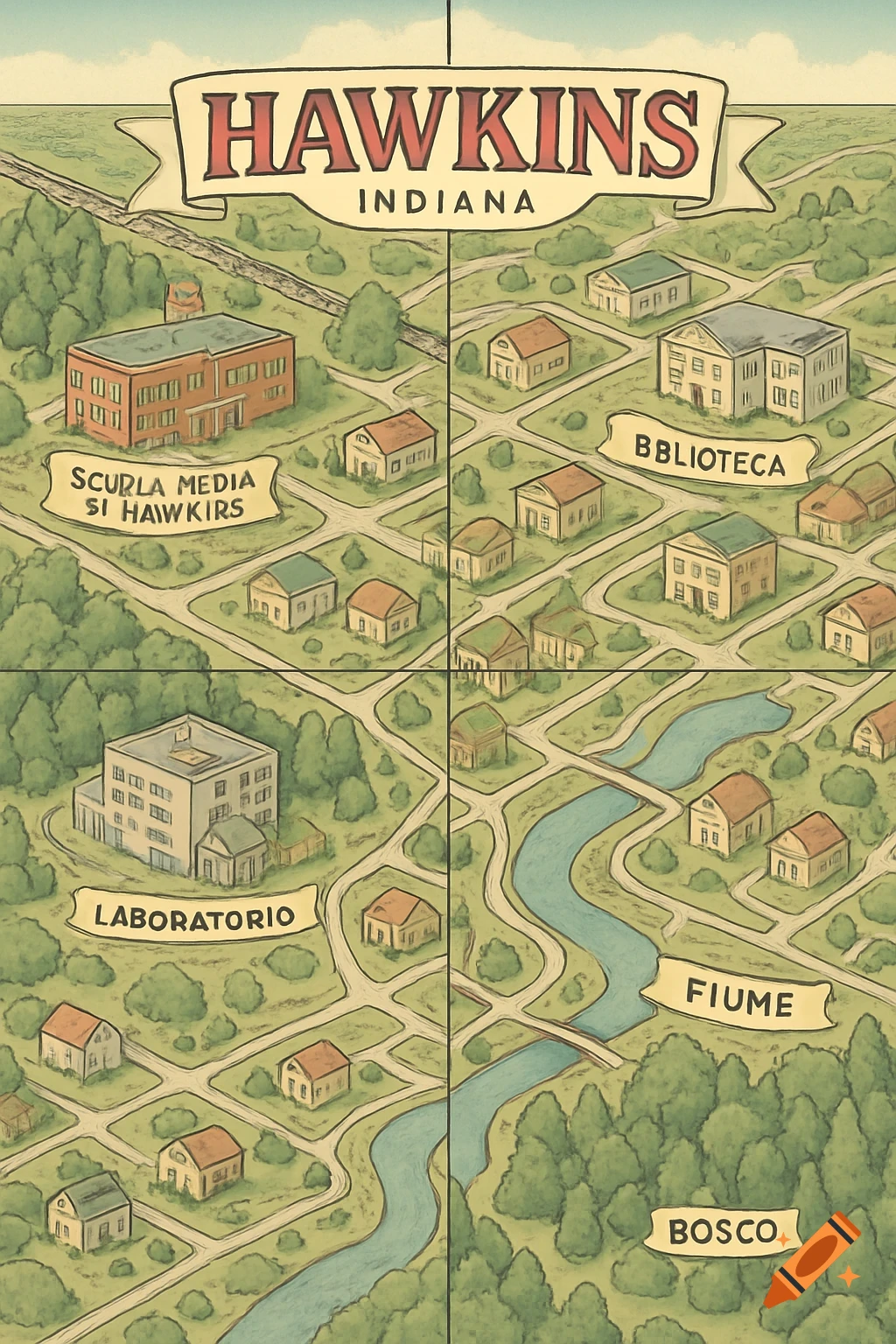 Cartoon-style illustrated map of the fictional town of Hawkins, Indiana ...