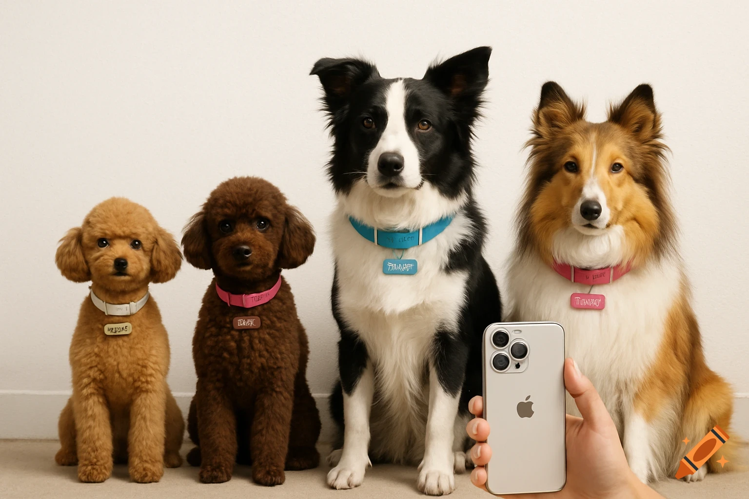 Four dogs of different breeds and colors sit in a row as a hand holds a ...