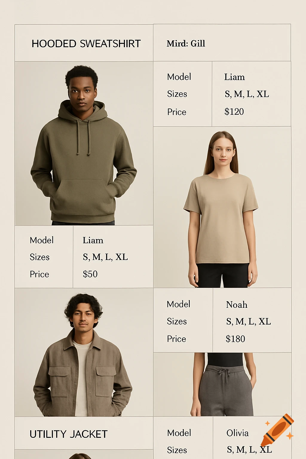 A grid-layout fashion catalog displays models wearing casual hooded ...