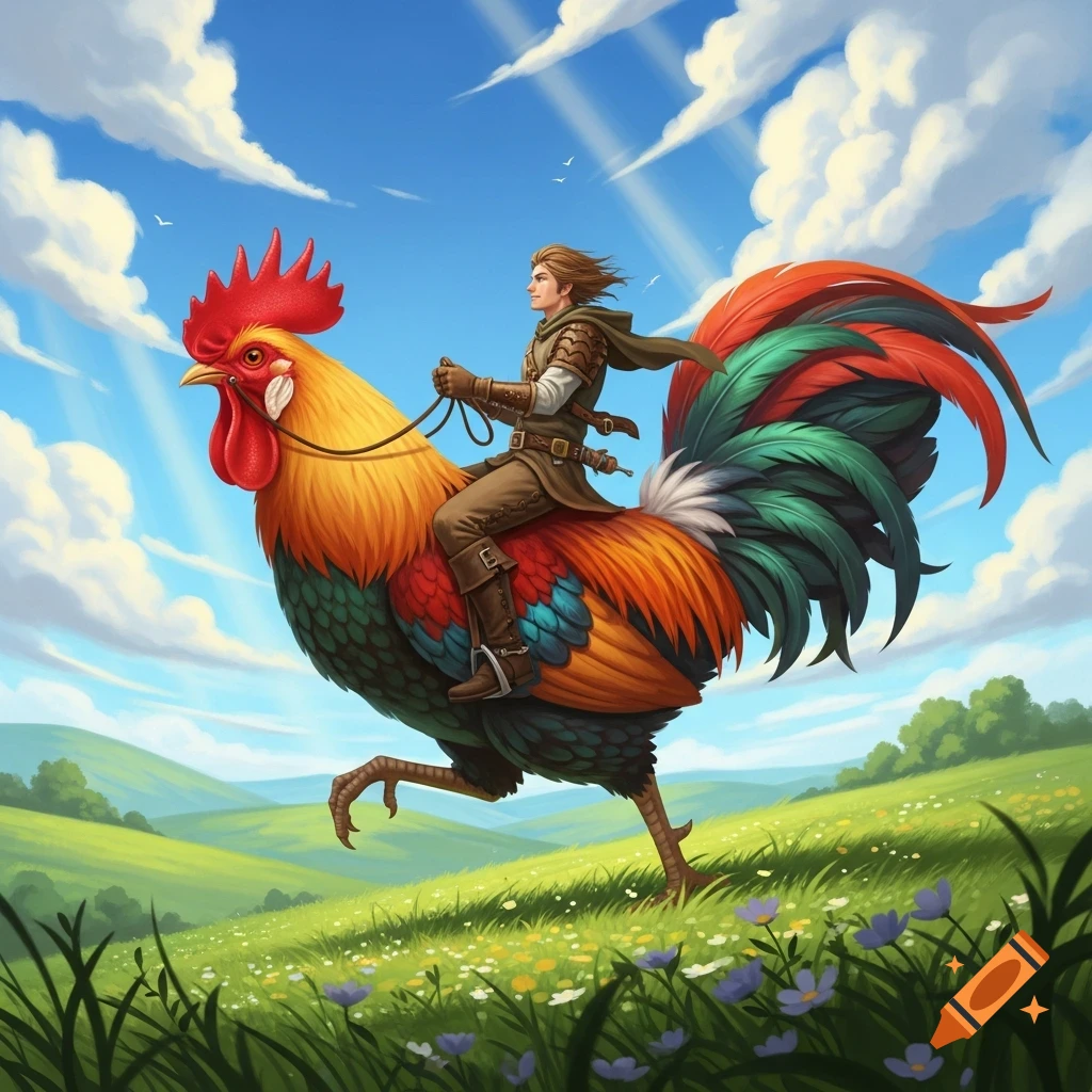 Man in adventurer attire rides a giant, colorful rooster like a horse ...