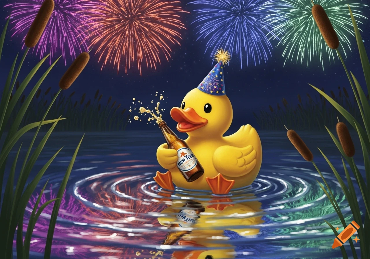 A cartoon yellow rubber duck in a party hat floats on water, spraying a ...