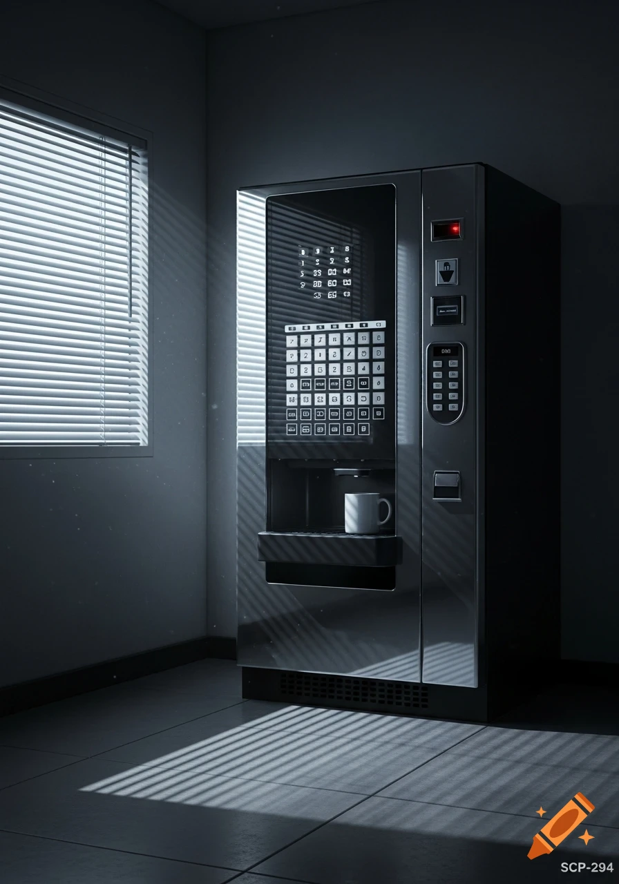 A dimly lit room with a large, metallic SCP-294 vending machine ...