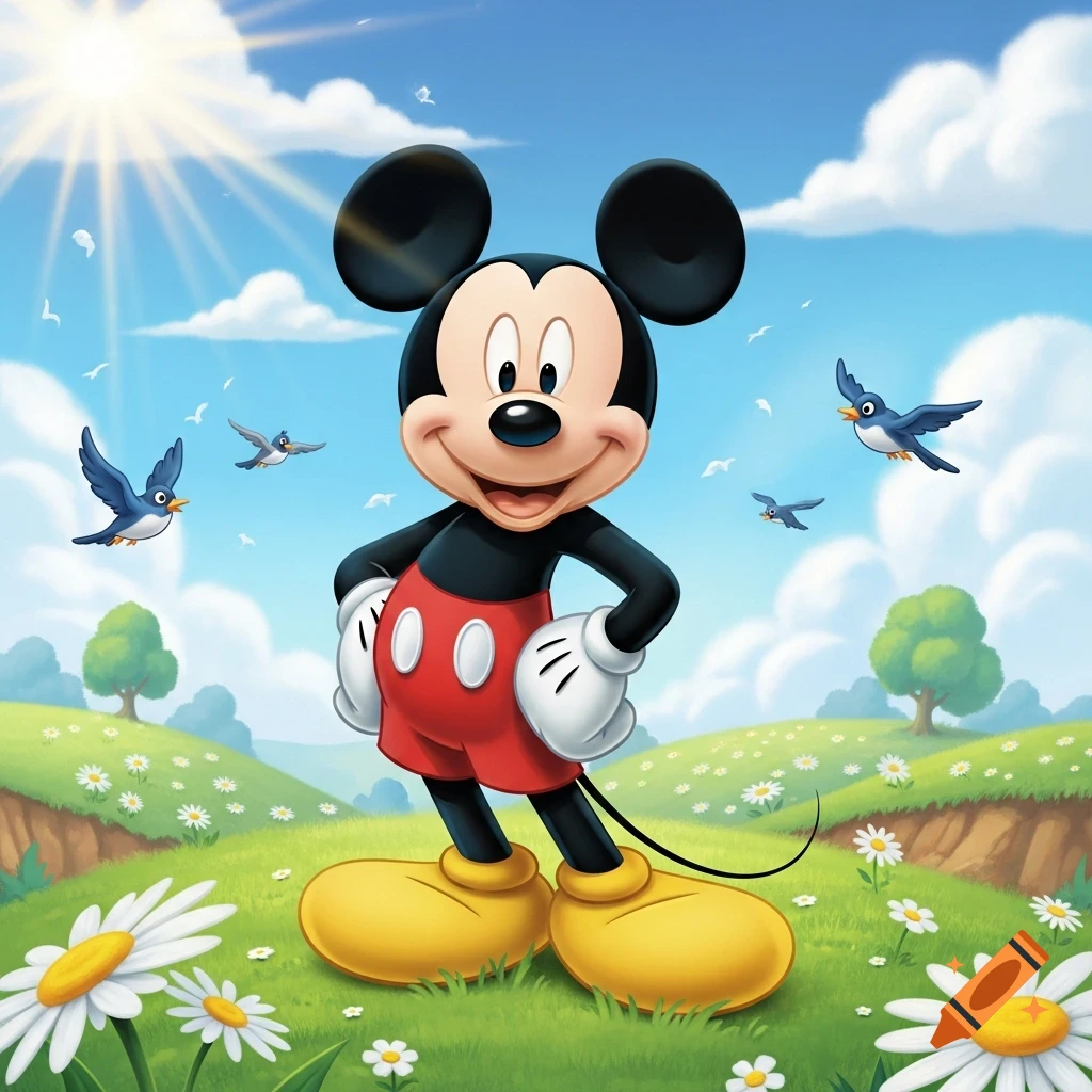 Mickey Mouse stands in a sunny green field with white daisies and ...
