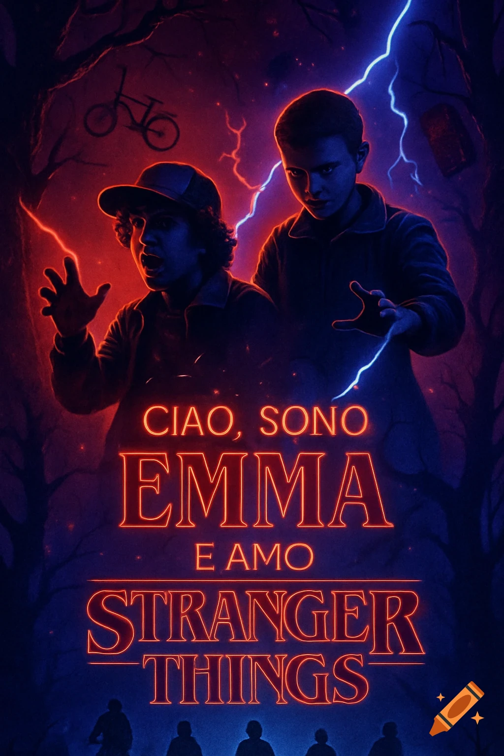 Surreal Stranger Things poster with Dustin and Eleven in neon red/blue ...