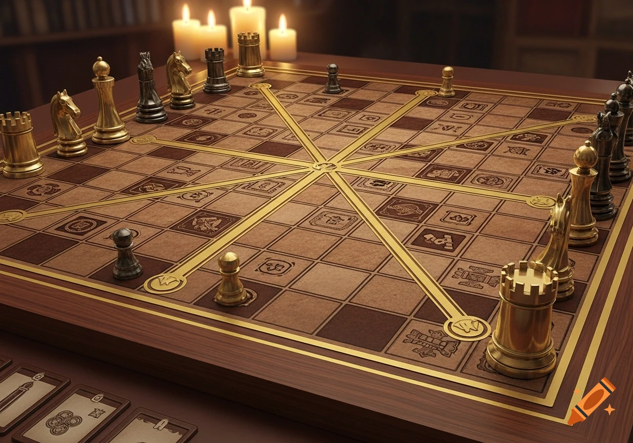 A dark, richly detailed board game with ornate gold and silver chess ...