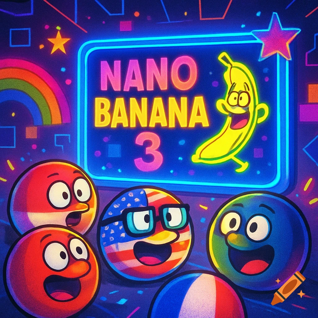 Vibrant cartoon countryball characters looking at a neon sign that ...