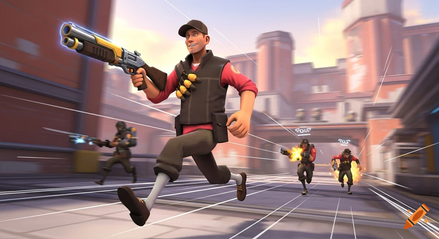 Scout from Team Fortress 2 grins while running with a shotgun, flanked ...