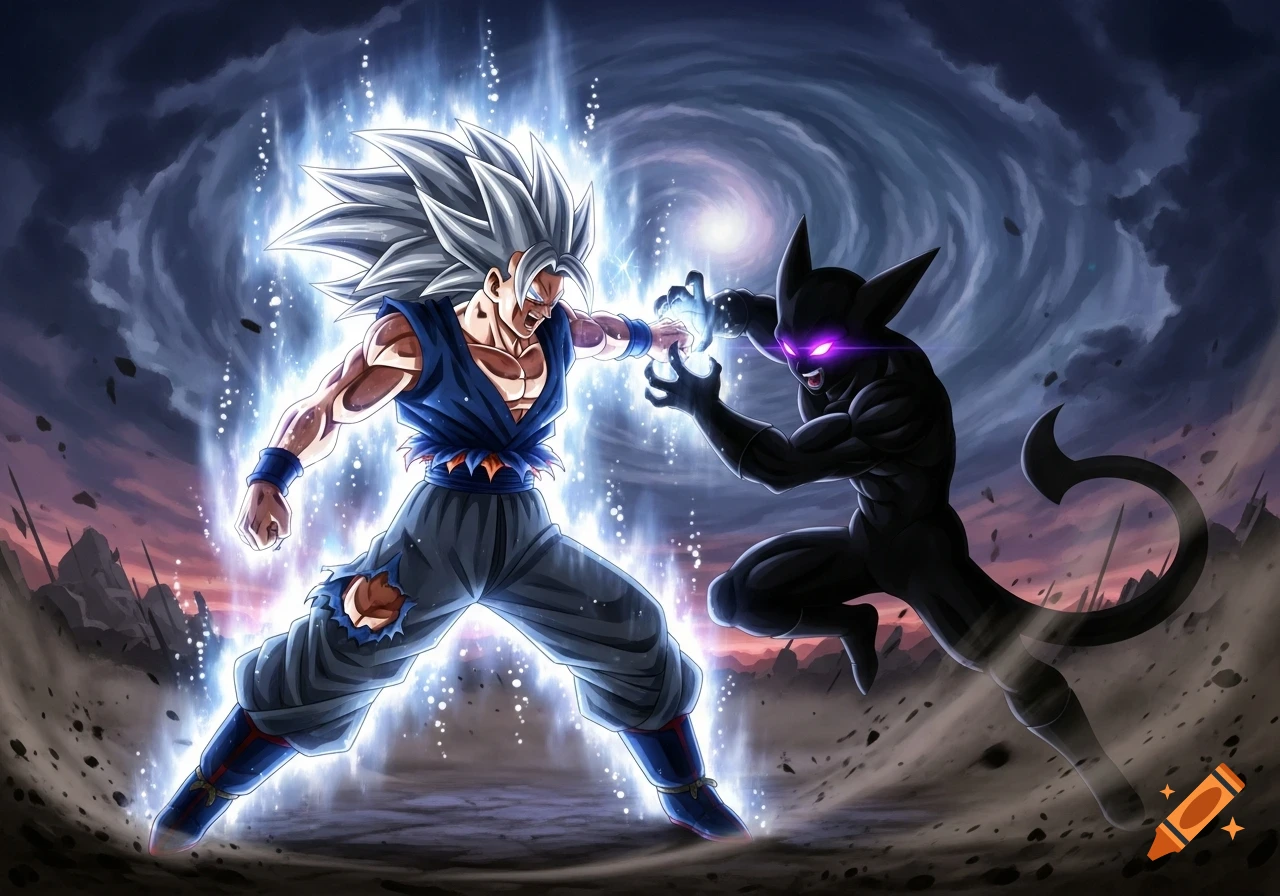 An anime-style battle with an Ultra Instinct-like character clashing ...