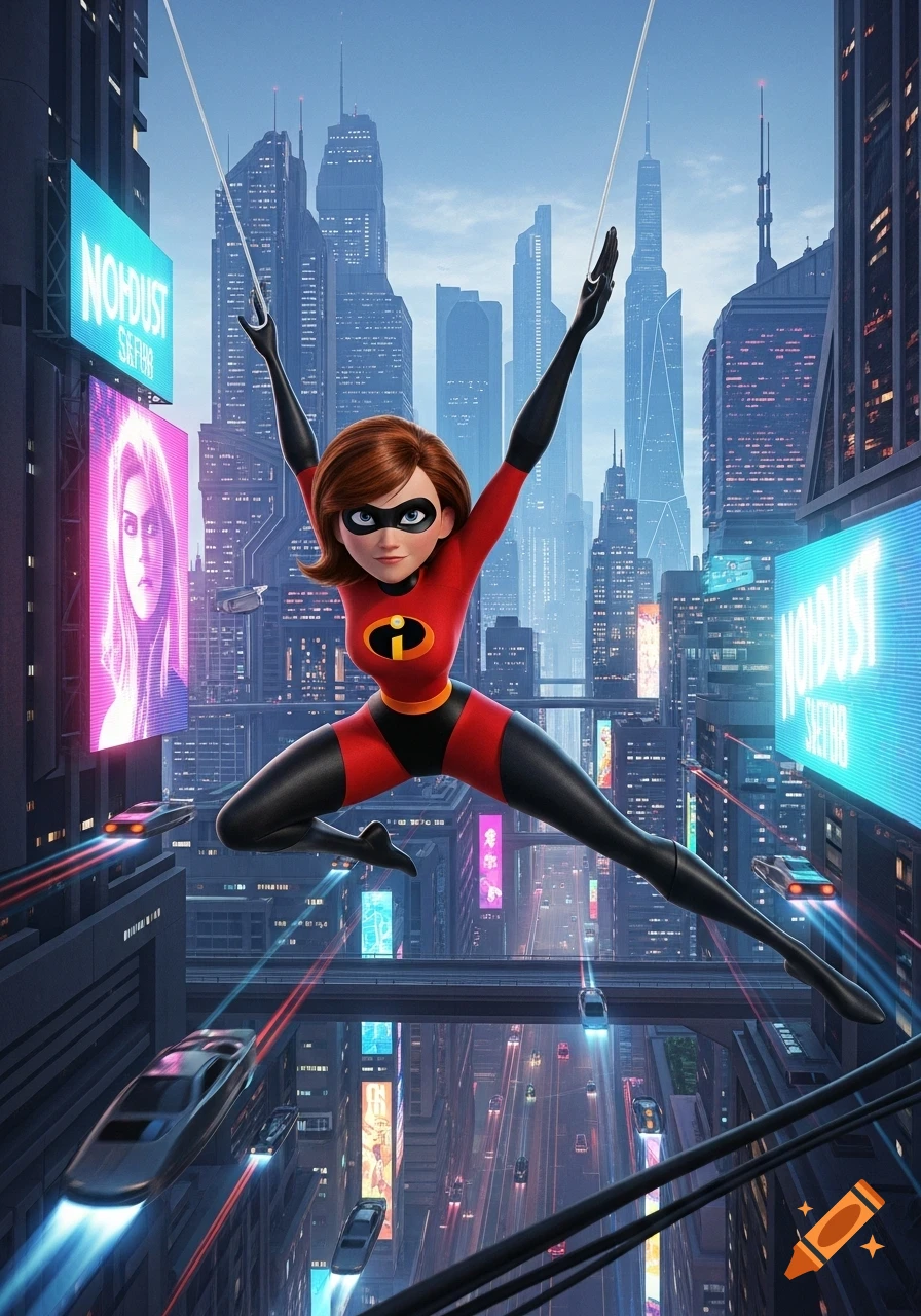 Elastigirl in her red and black suit stretches through a futuristic ...