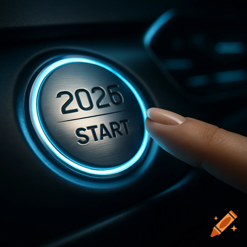A finger presses a glowing car start button that reads '2026 START' in ...