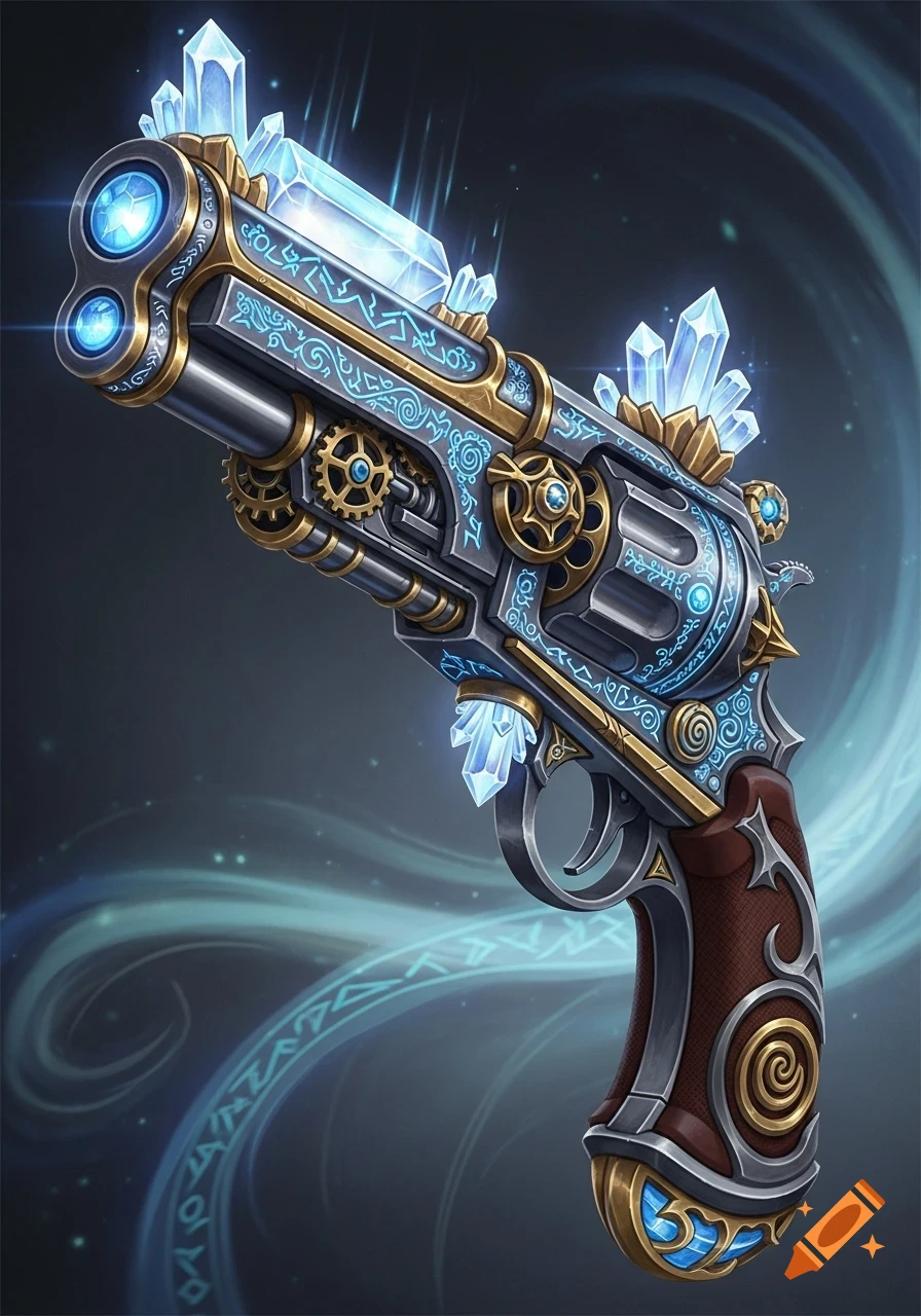 A detailed, ornate desalpunk pistol adorned with glowing blue crystals ...