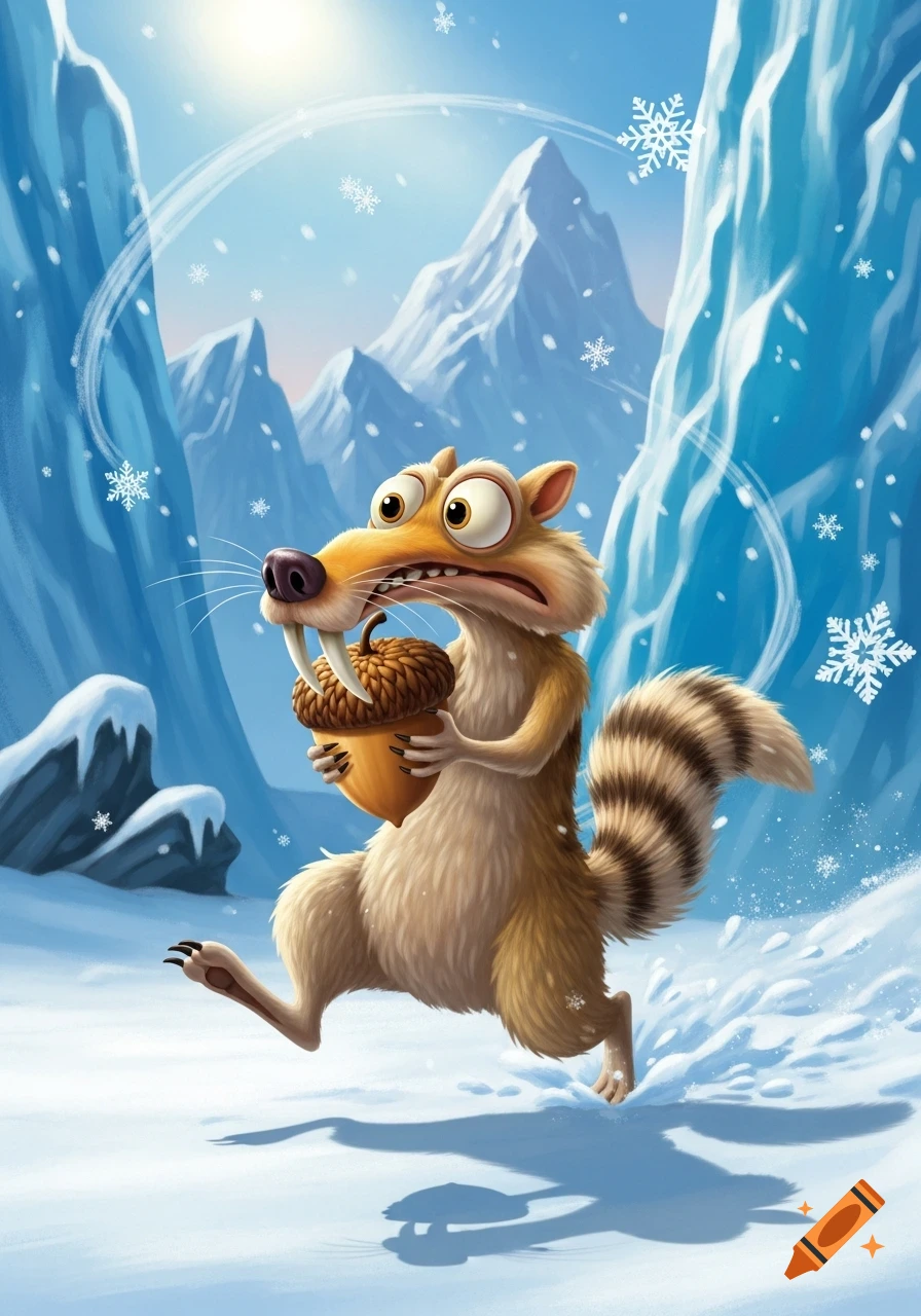 Cartoon Scrat from Ice Age frantically runs through a snowy, icy ...