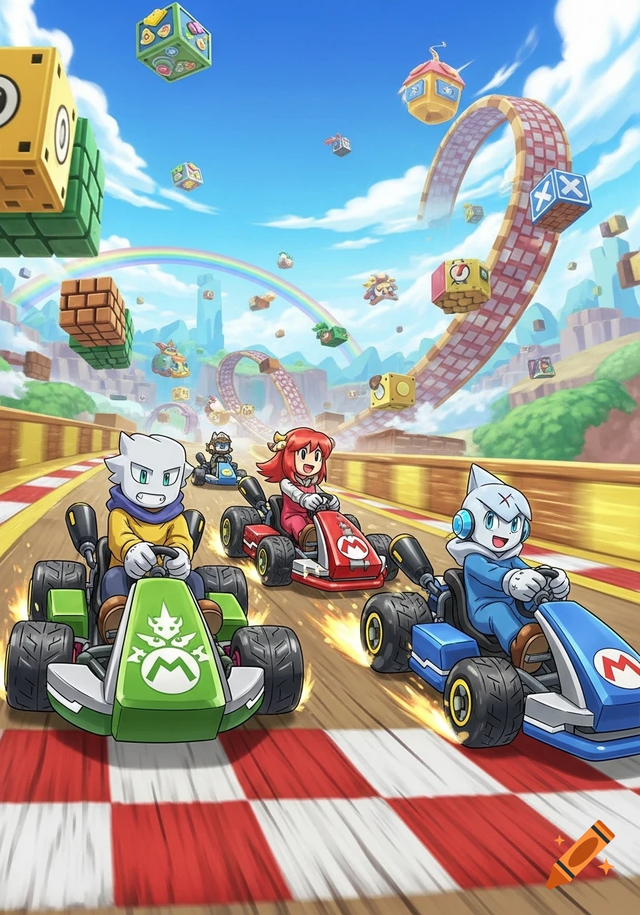Cartoon characters race karts on a track with floating blocks and a ...