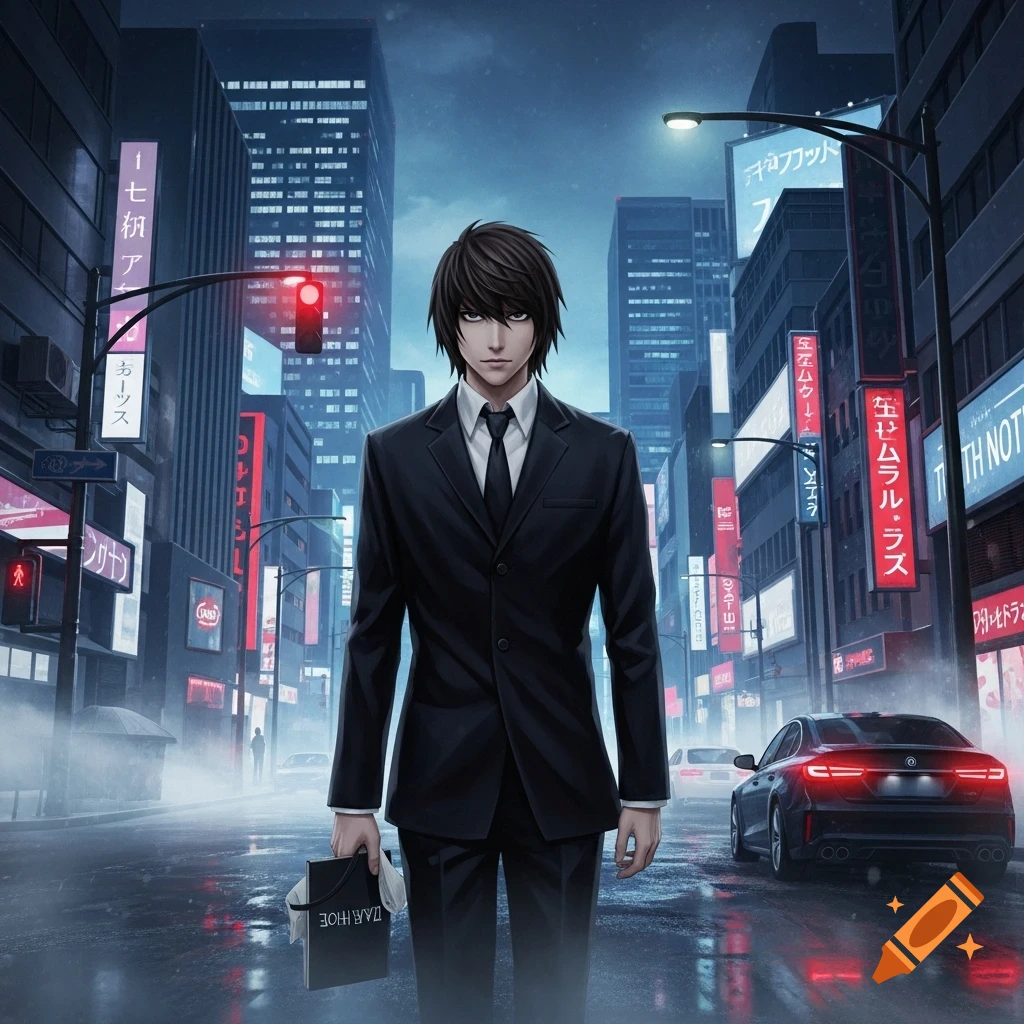 An anime character resembling Light Yagami from Death Note stands on a ...