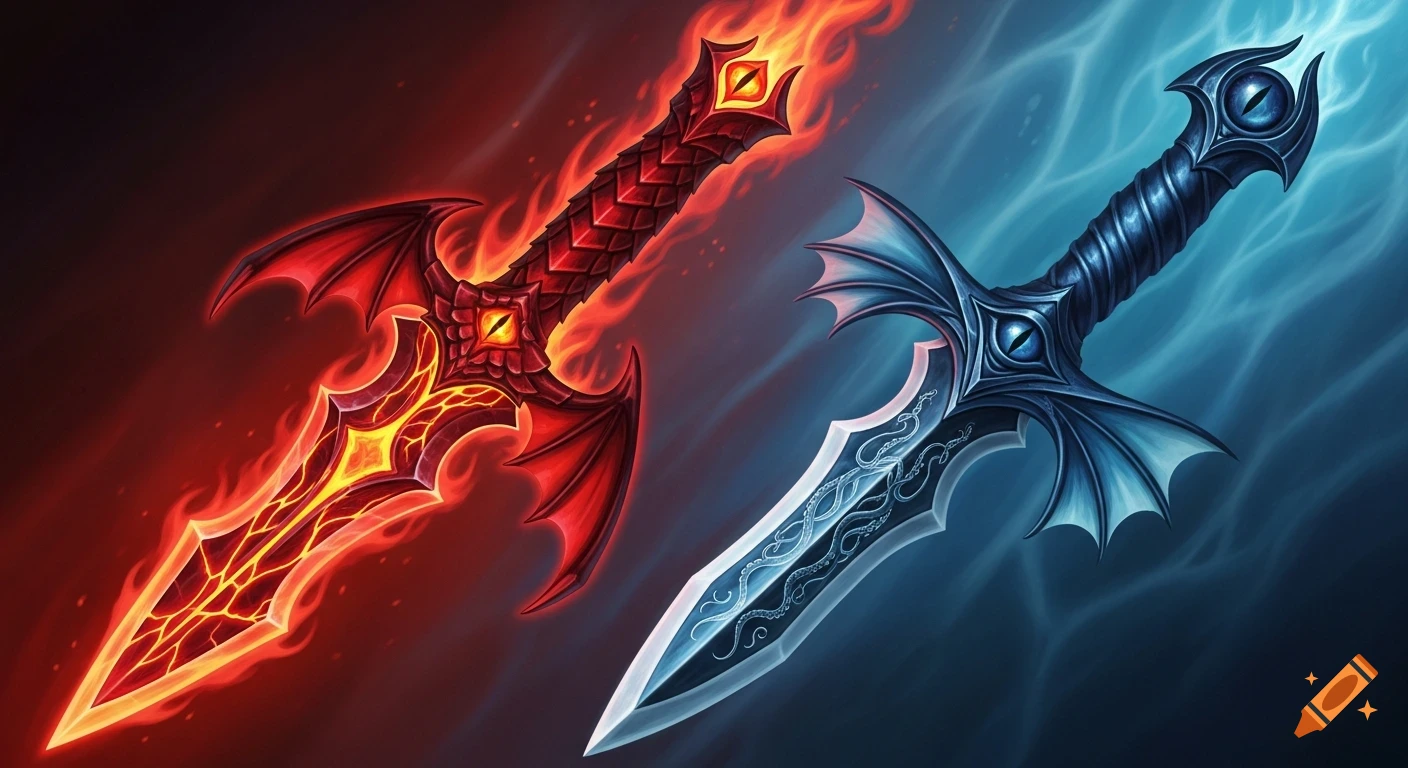 Two ornate fantasy daggers, one red and fiery with dragon scales, the ...