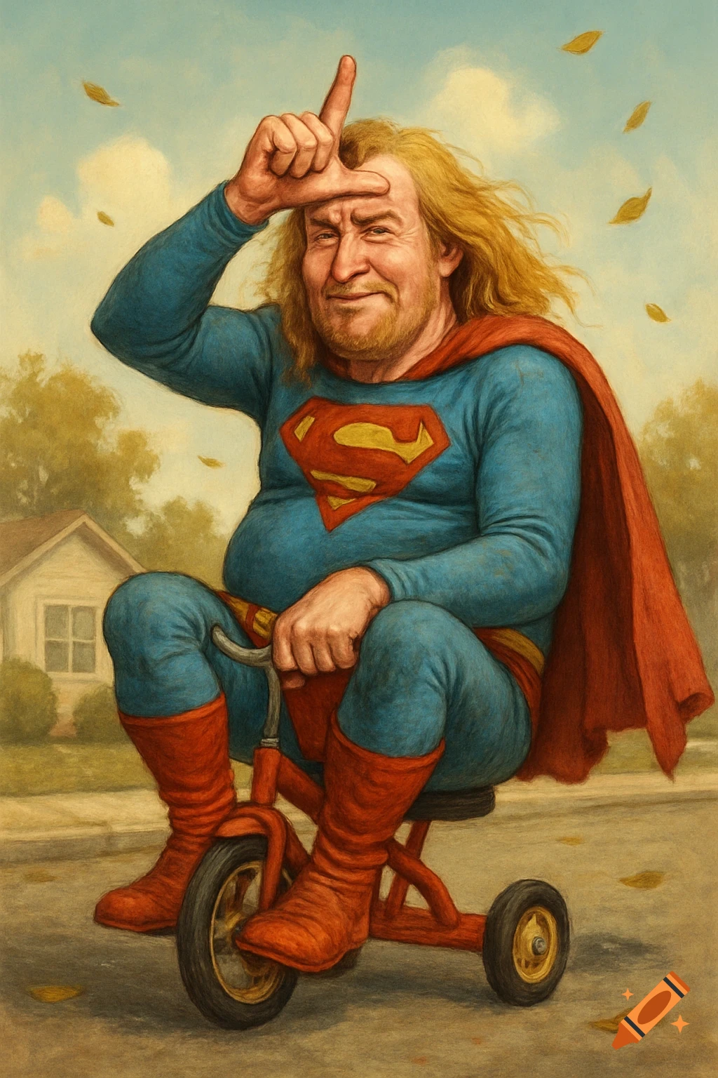 An overweight man in a Superman costume with long blonde hair makes an ...