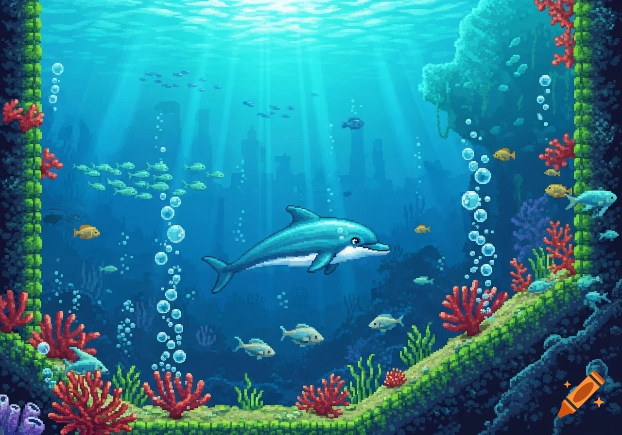 A 2D pixel art underwater scene with a dolphin swimming amidst fish and ...