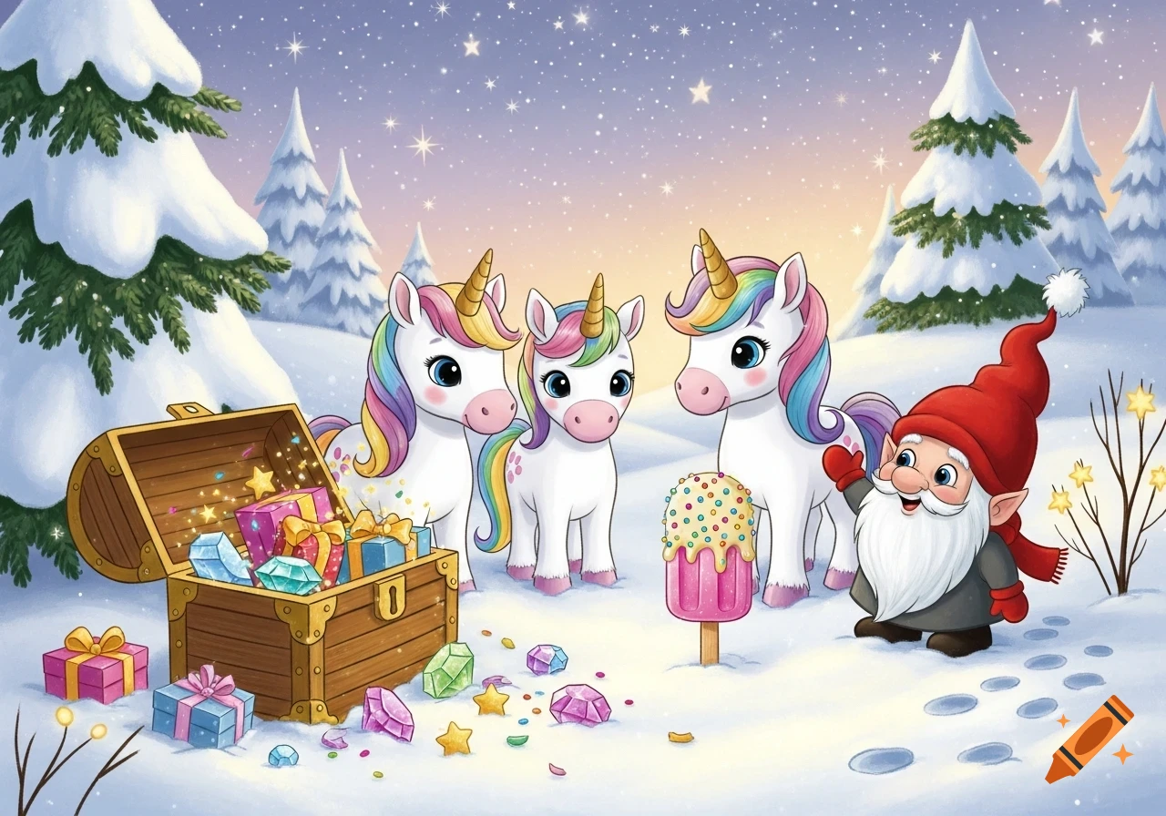 Three cartoon unicorns, a gnome, a treasure chest with gifts, and an ...