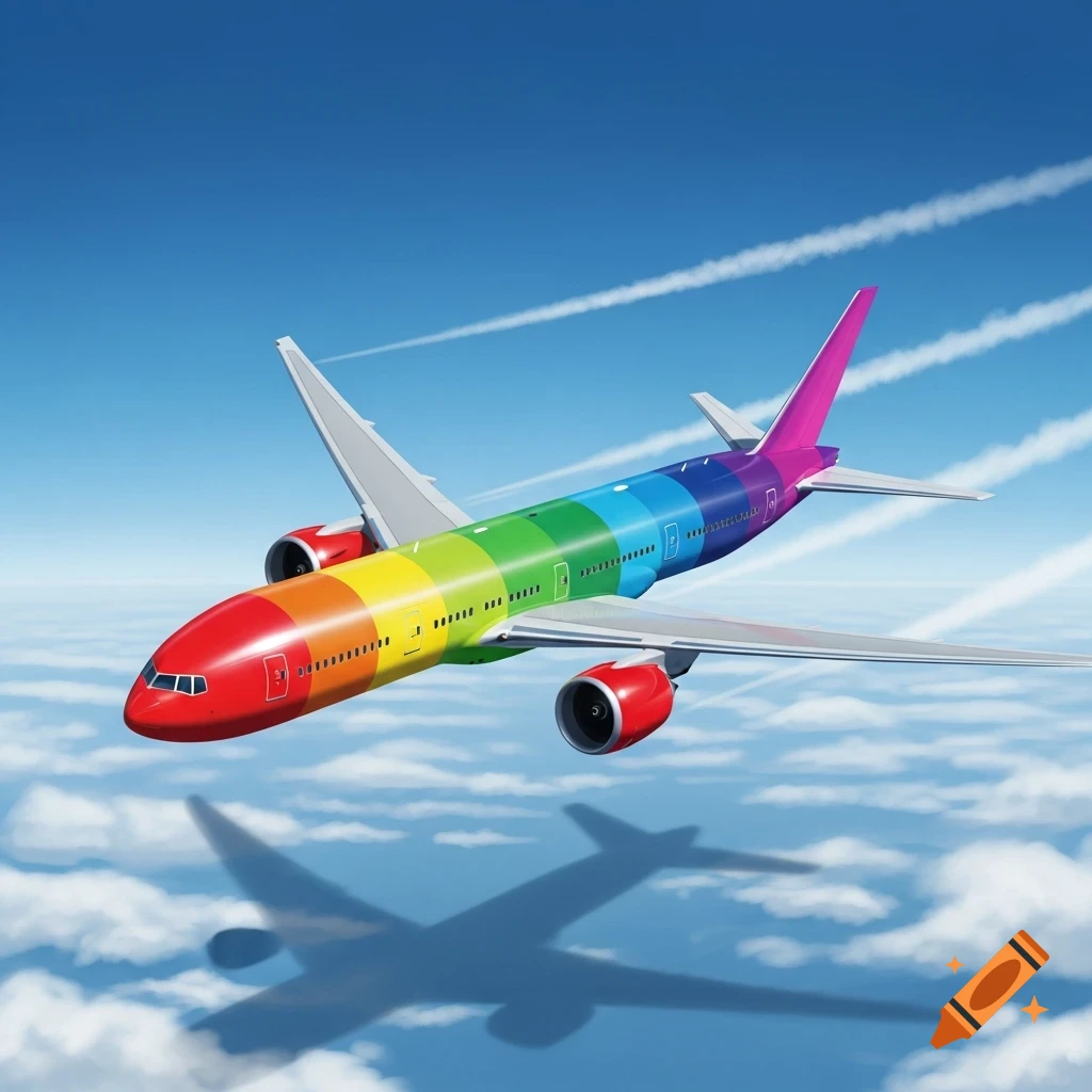 A rainbow-colored Boeing 777 airplane flies in a clear blue sky above ...