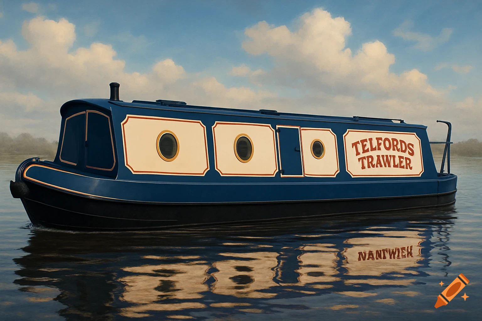 A blue and white narrowboat with "TELFORDS TRAWLER" painted on its side ...