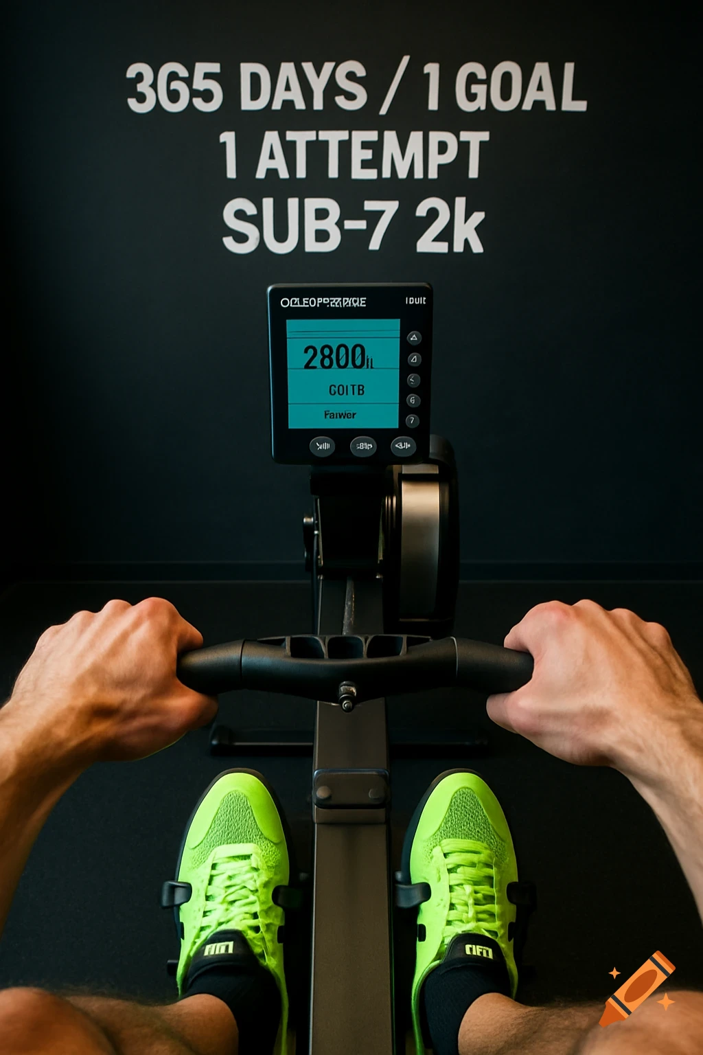 First-person perspective of a person on a rowing machine, holding the ...