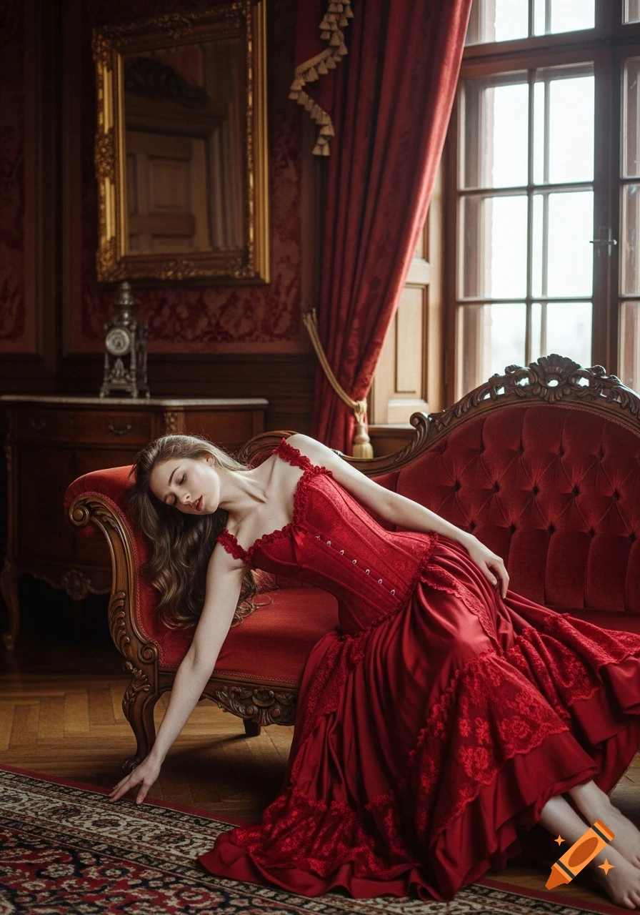 A woman in a red corset and flowing dress lies reposed on a crimson ...
