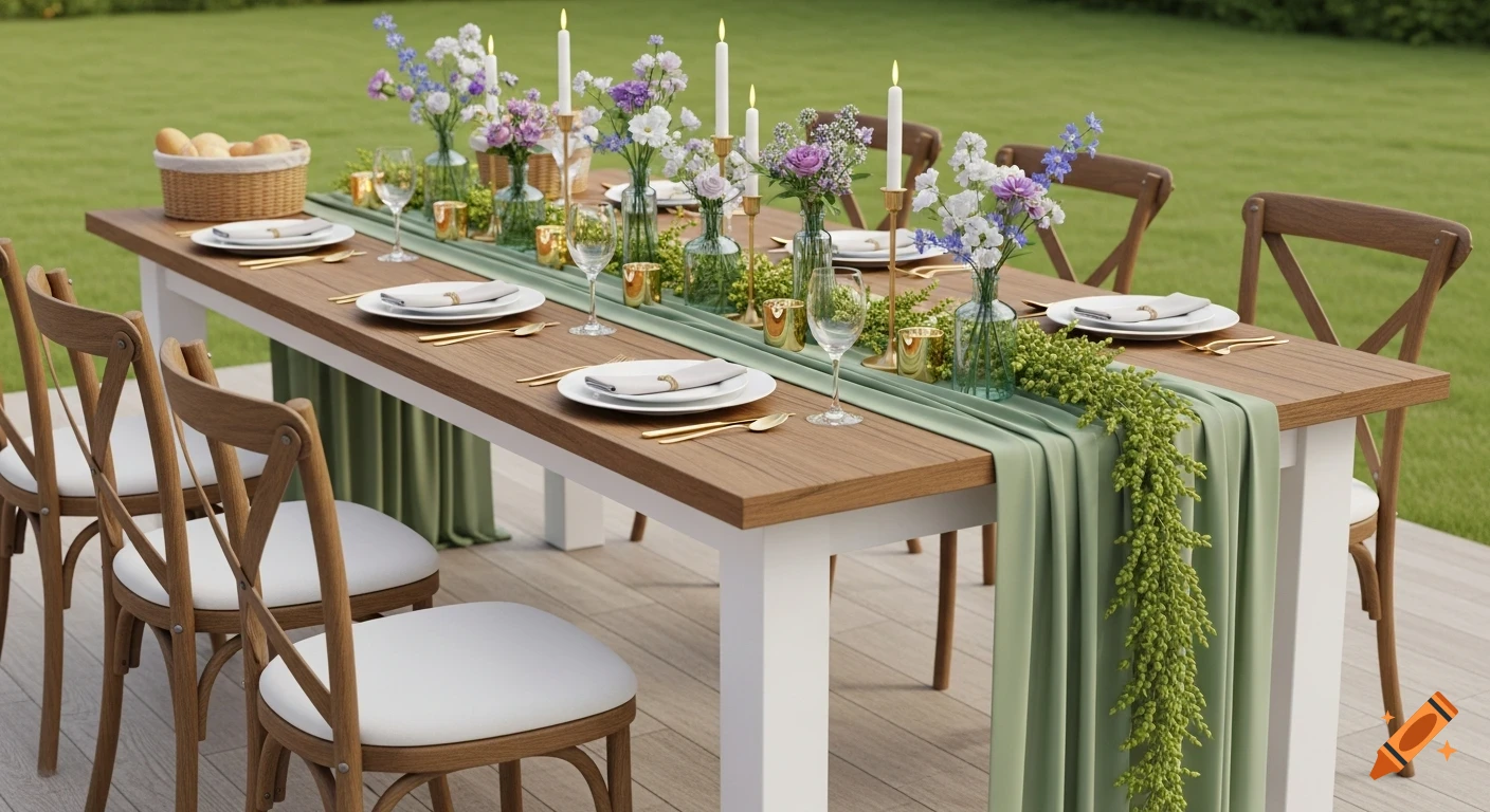 Photorealistic wedding reception table set outdoors, with a sage green ...