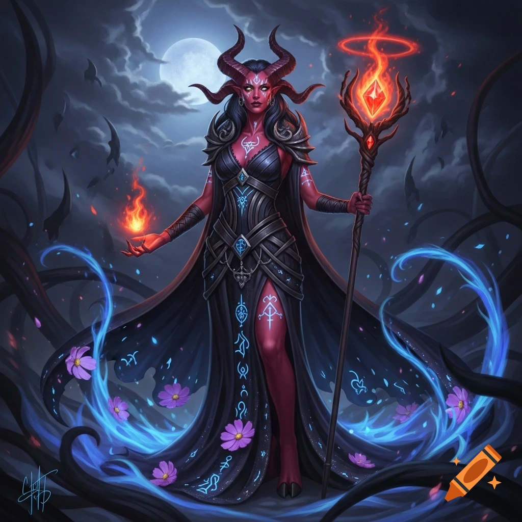 A red-skinned tiefling sorceress with horns and glowing runes holds a ...