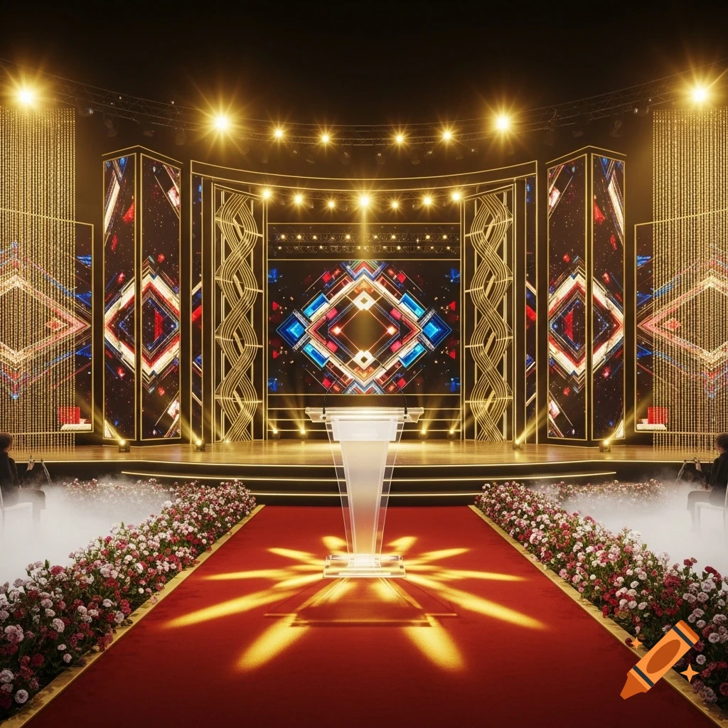 A lavish award show stage with a red carpet leading to a clear podium ...