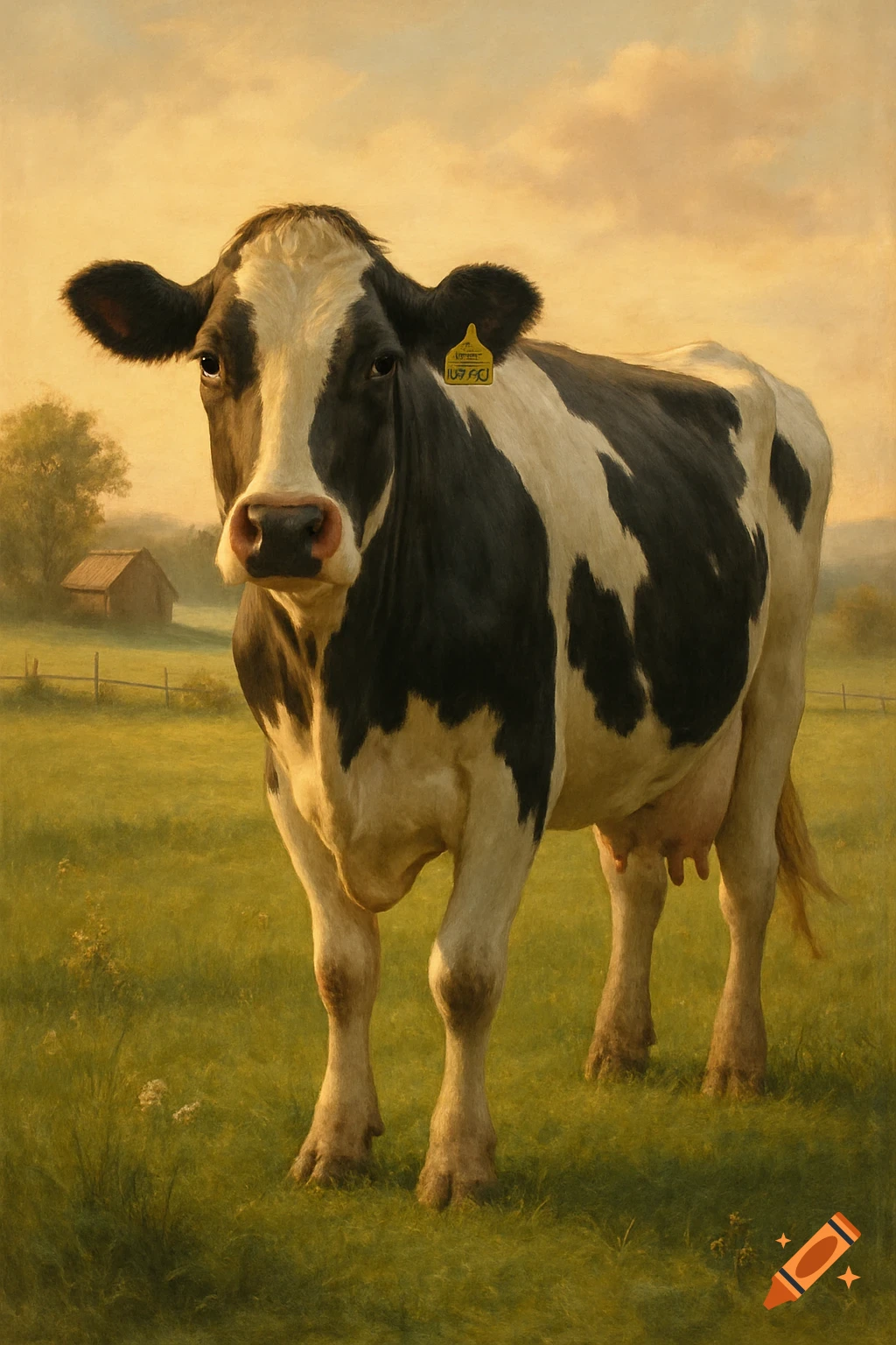 A black and white dairy cow stands in a green field with a yellow ear ...