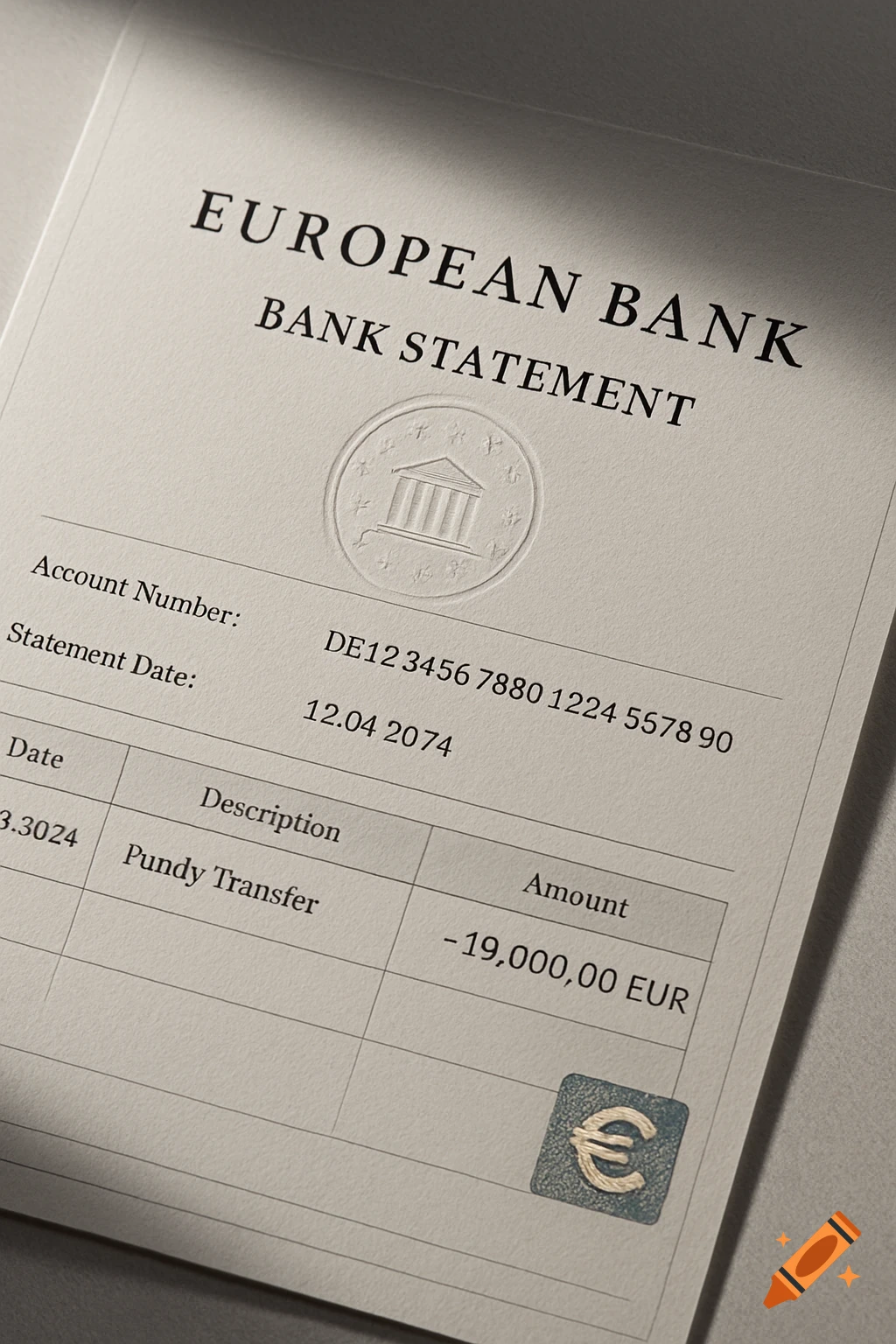 Close-up of a bank statement from 'EUROPEAN BANK' showing an account ...