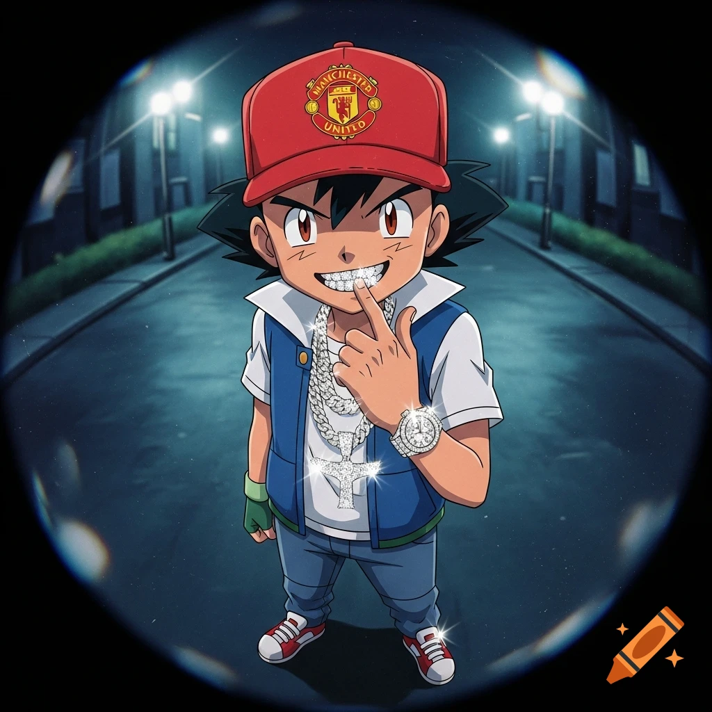 Ash Ketchum from Pok Hemon in a red Manchester United hat, diamond ...