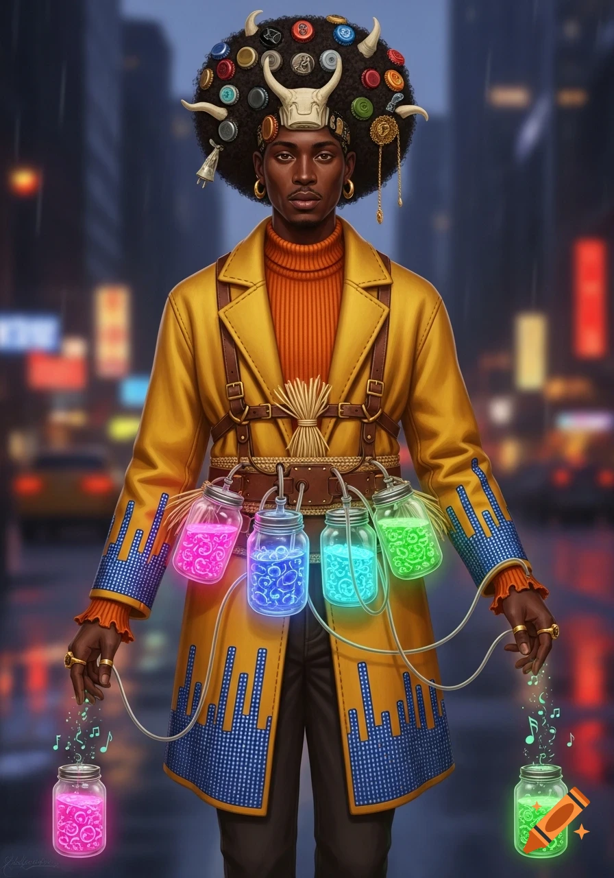 A dark-skinned man in a yellow coat and afro adorned with bottle caps ...