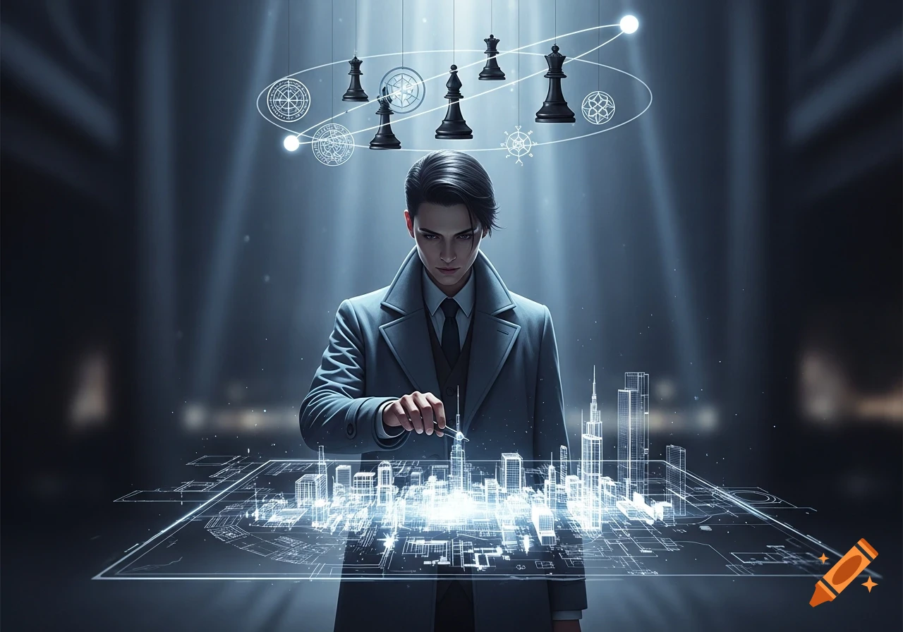 Man in trench coat controls a glowing holographic city blueprint, with ...