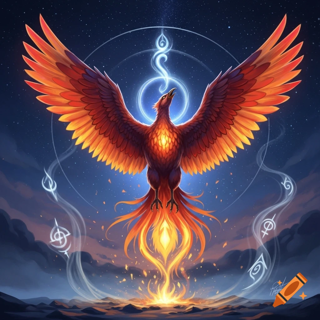 Majestic phoenix with fiery orange wings and tail rising from flames ...