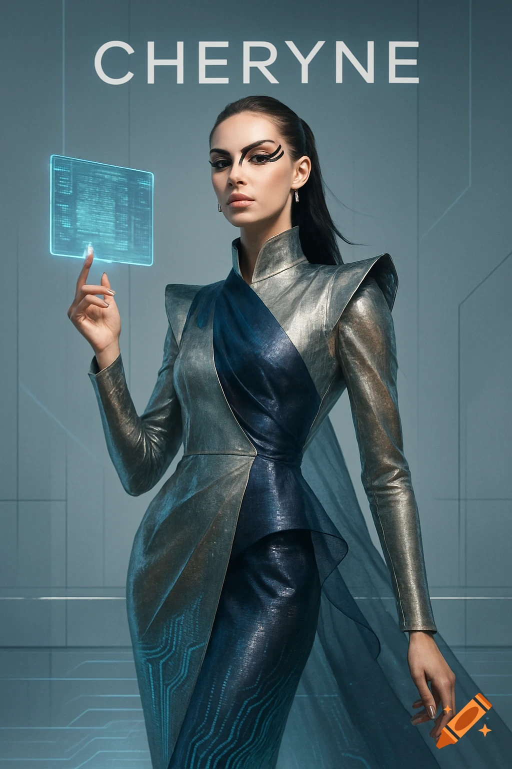 A woman in a futuristic silver and blue outfit interacting with a ...