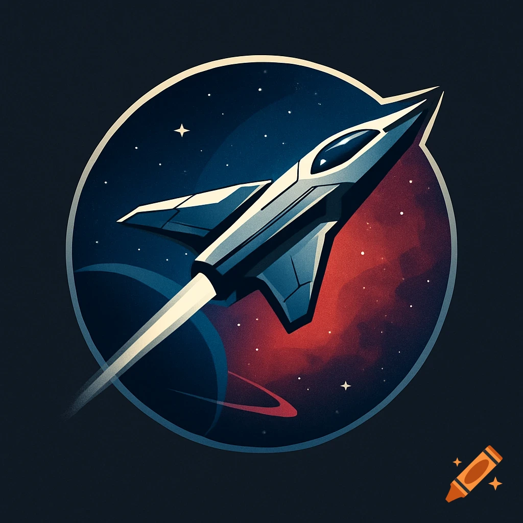 A stylized rocket ship flying through space with stars and nebulae ...