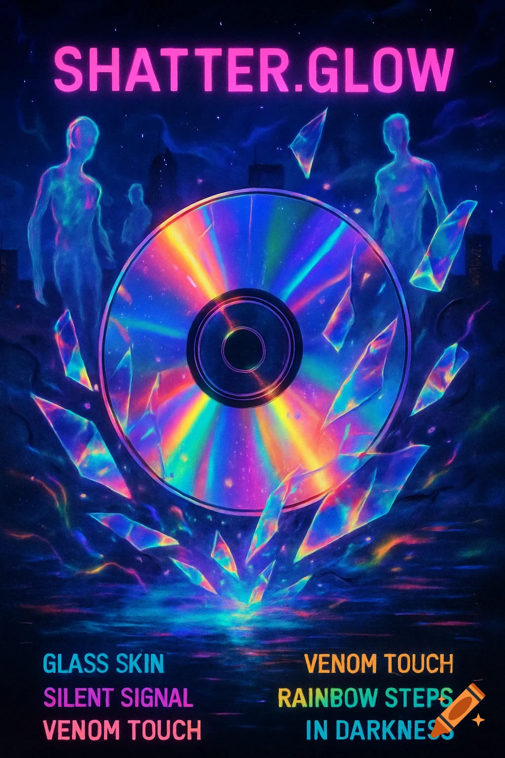 An album cover with glowing pink text "SHATTER.GLOW" above a shimmering ...