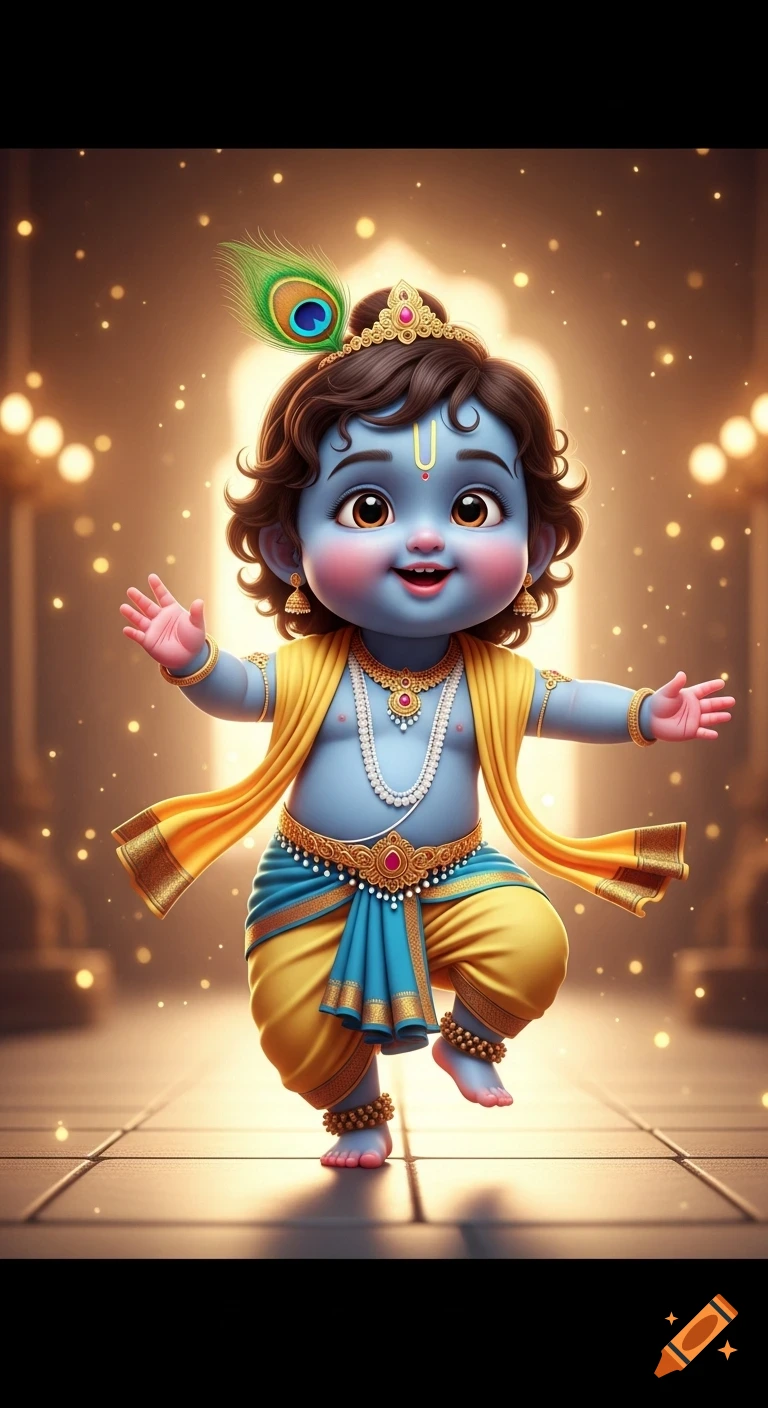 A cute, smiling baby Lord Krishna with blue skin, a peacock feather ...