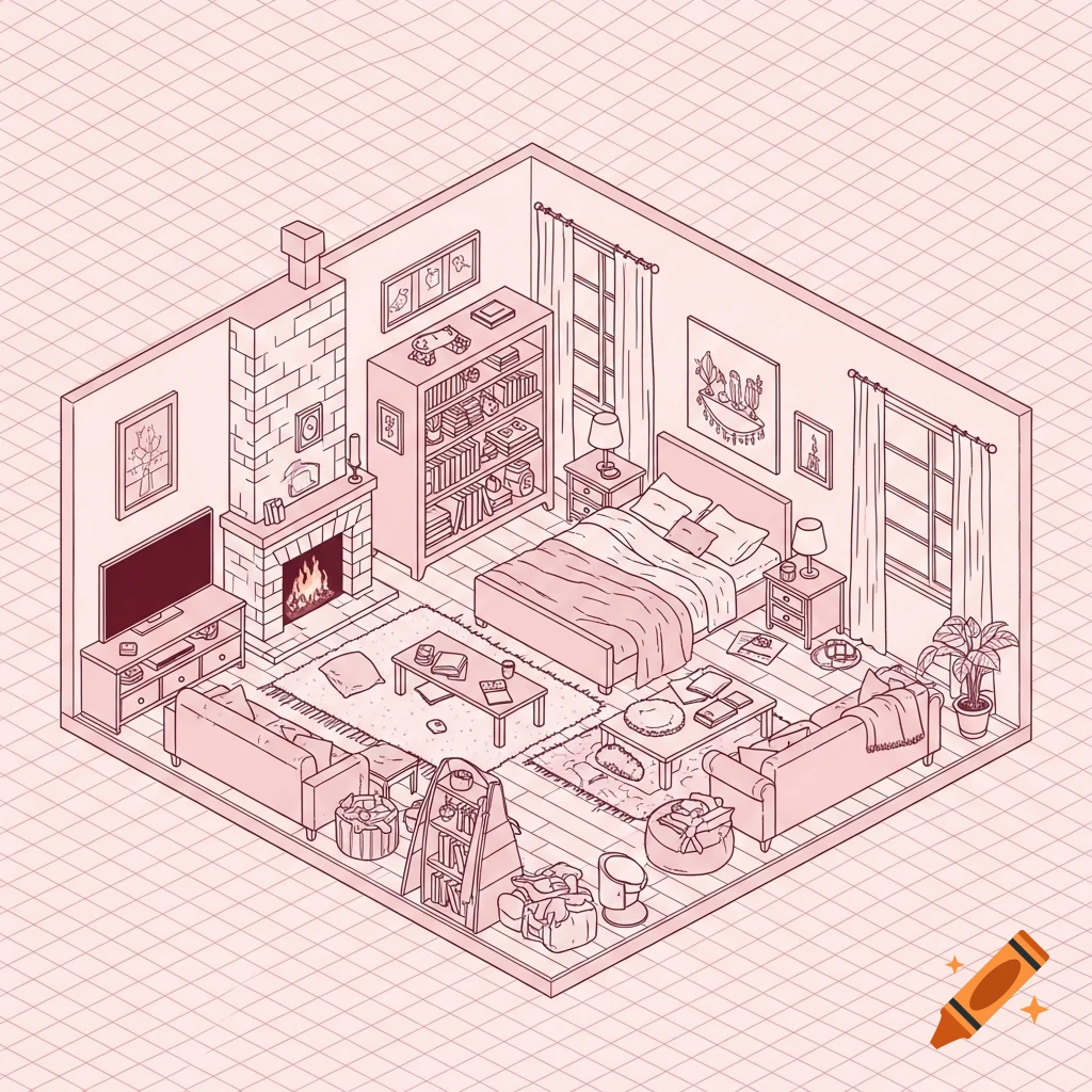 Isometric pink line art drawing of a cluttered room combining bedroom ...
