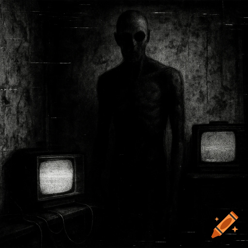 A grainy black-and-white image of a shadowy, gaunt figure with blank ...