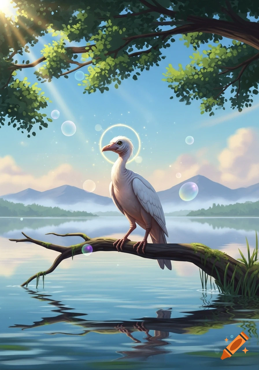 A stylized, featherless white bird with a halo perches on a mossy ...